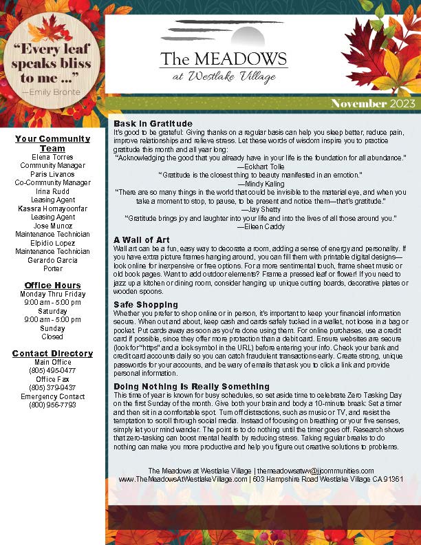 The Meadows at Westlake Village | Resident Newsletters